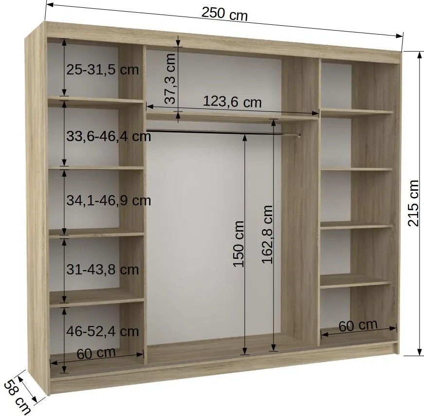 ADRK Furniture Posuvná skříň se zrcadlem a LED osvětlením CHESTER 250 SW-CHE-S+W-250+L-V379