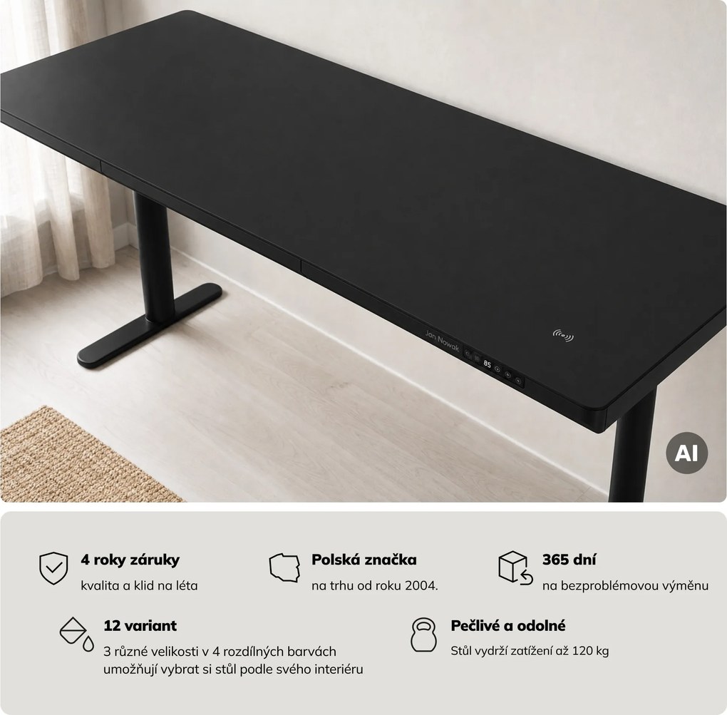 Elektrický psací stůl sit-stand se zásuvkou a bezdrátovou nabíječkou Qi černý, 1600 mm: ELLIS