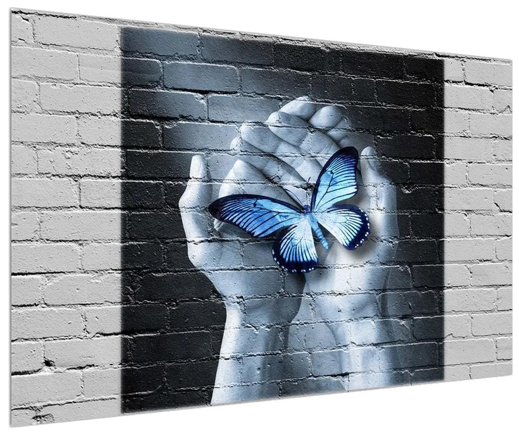 Moderní obraz dlaní s motýlem (120x80 cm)