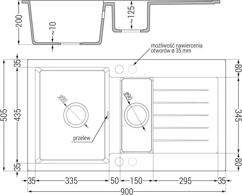 Mexen Matias - dřez granitový 90,0x50,5cm, 1,5-komorový, černá, 6502901505-77