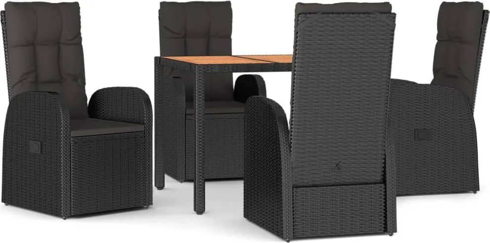 5dílný zahradní jídelní set s poduškami černý polyratan 3157598