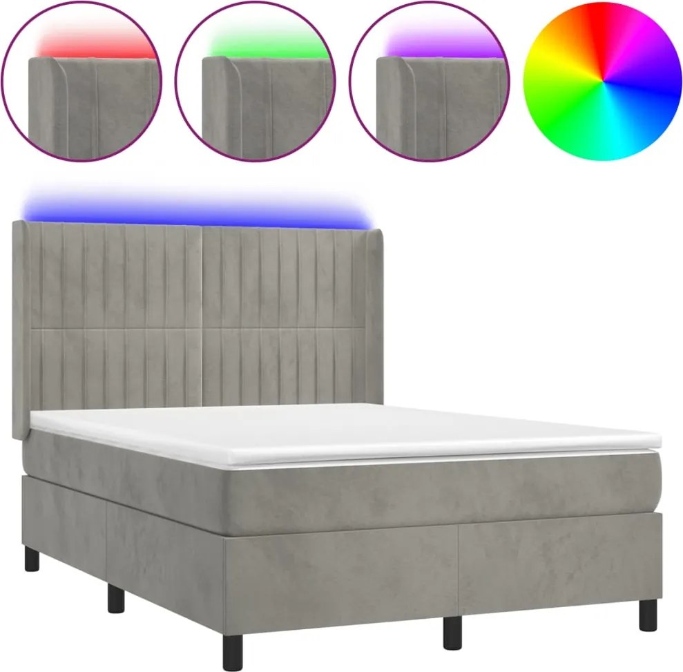 Box spring postel s matrací a LED světle šedá 140x200 cm samet 3139685
