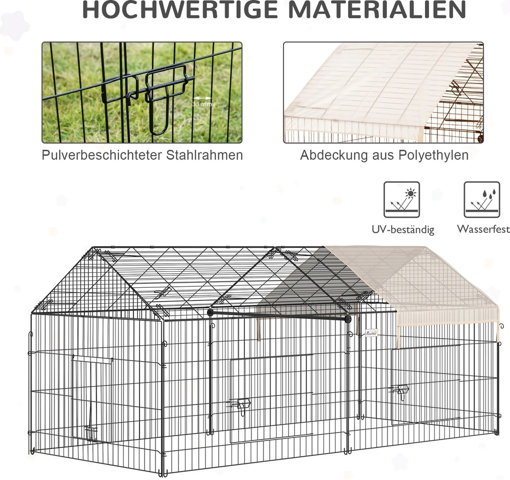 Venkovní výběh PawHut s ochranou proti slunci pro malá zvířata 220 x 103 cm, kovová králíkárna v béžové a černé barvě