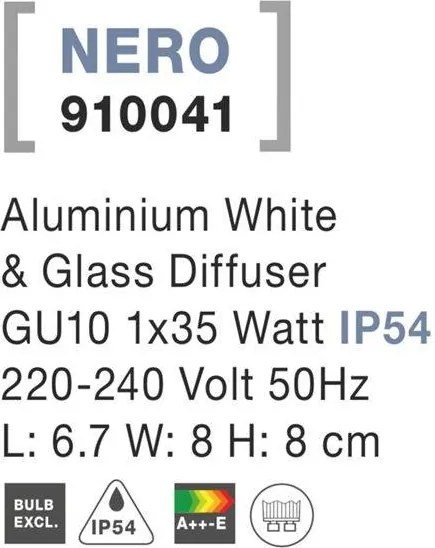 NV 910041 Venkovní nástěnné svítidlo NERO hliník bílé skleněný difuzor GU10 1x7W 220-240V IP54 bez žárovky světlo dolů - NOVA LUCE