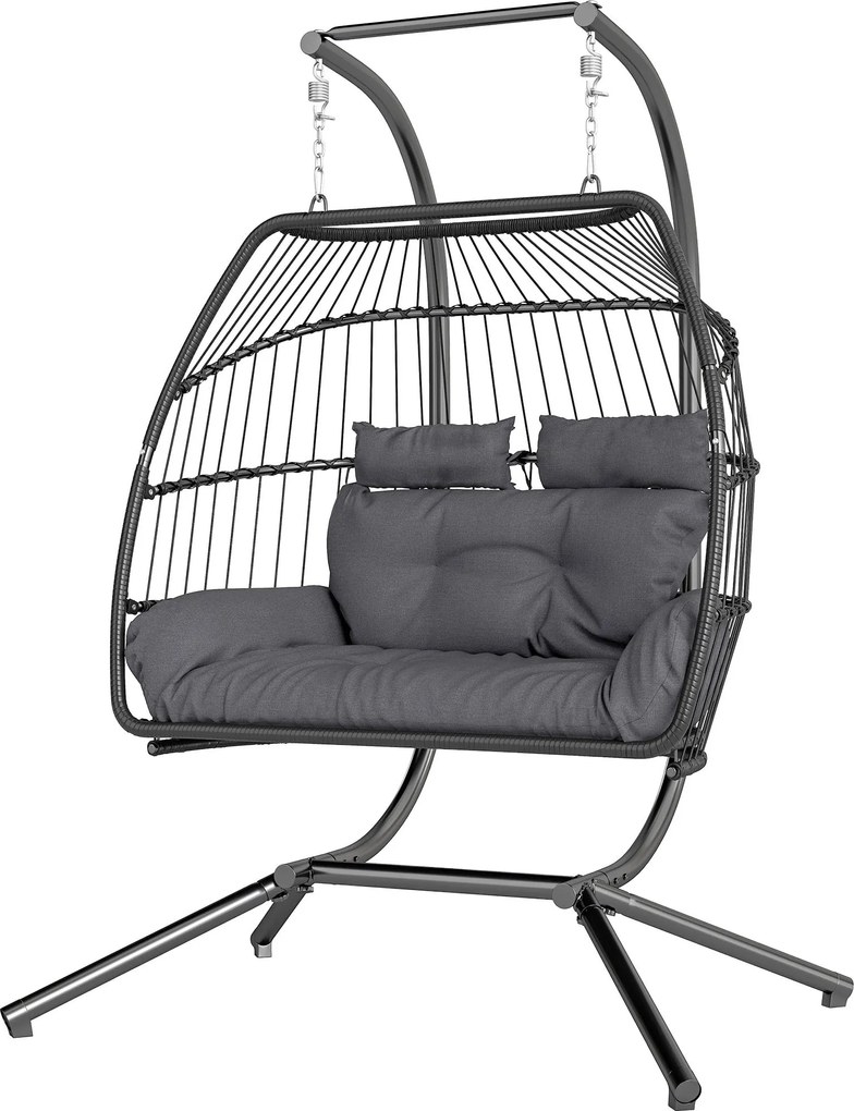 Outsunny závěsné křeslo s skládacím stojanem, závěsný košík s polštářem, ergonomické houpací křeslo z poly ratanového materiálu pro 2 osoby, závěsné k