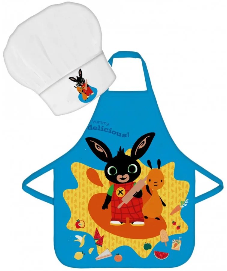 Dětská / chlapecká zástěra s kuchařskou čepicí Zajíček Bing - motiv Yummy delicious! - 2 díly