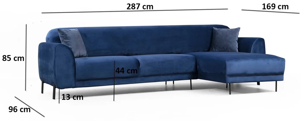 Designová sedačka Haylia 287 cm modrá - pravá
