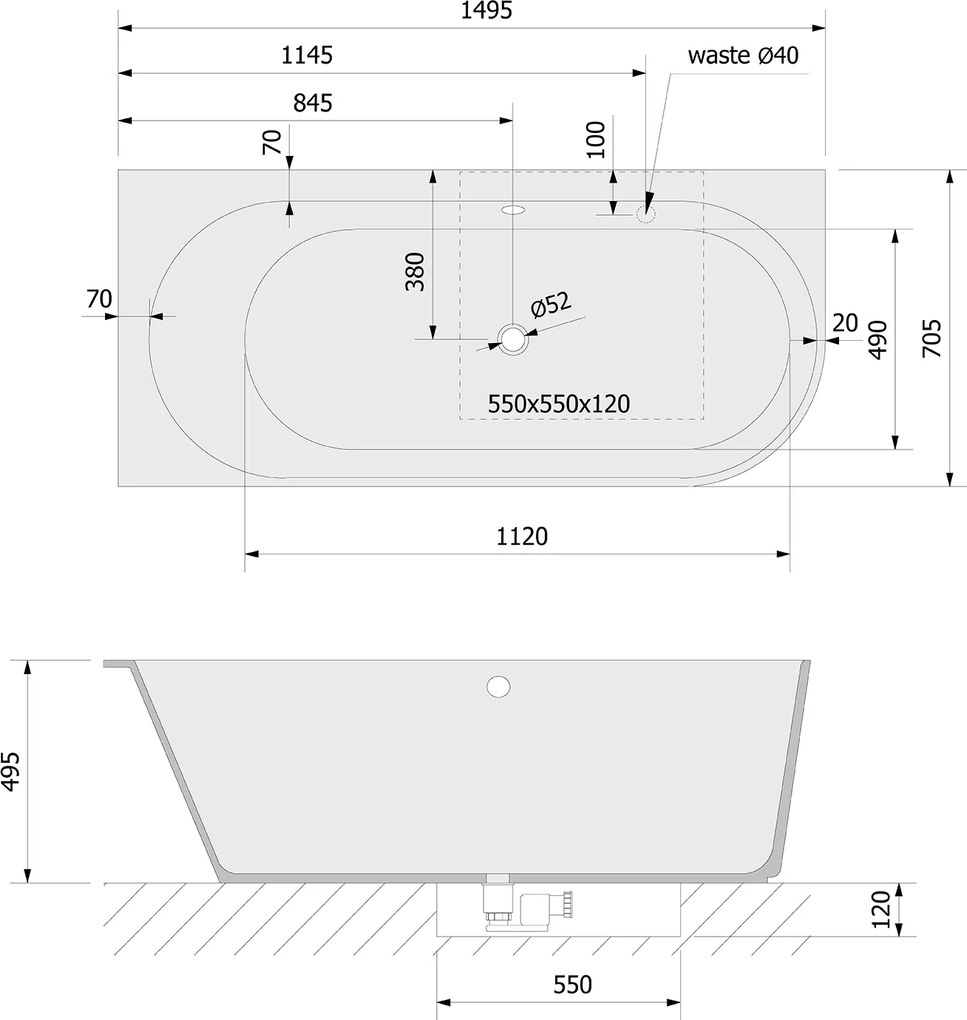 Polysan SUSSI L rohová stojící vana litý mramor 150 x 70 x 50 cm bílá levá 93231L