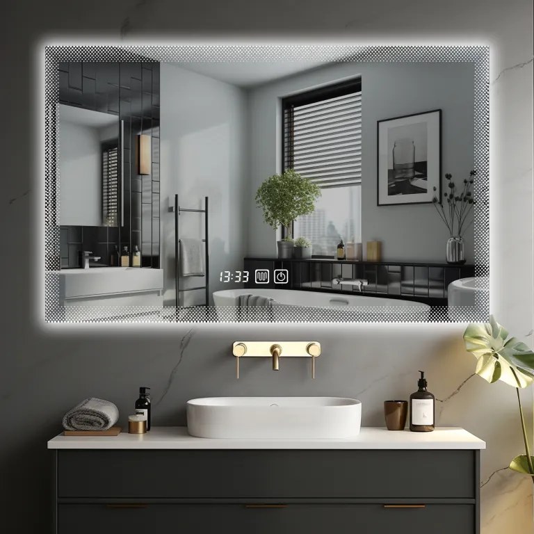 Luxusní LED koupelnové zrcadlo 90×70, hodiny a odmlžování