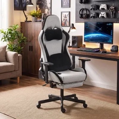 HOMCOM ergonomická herní židle s vyhřívanou masáží, opěrkou nohou, látková, šedá