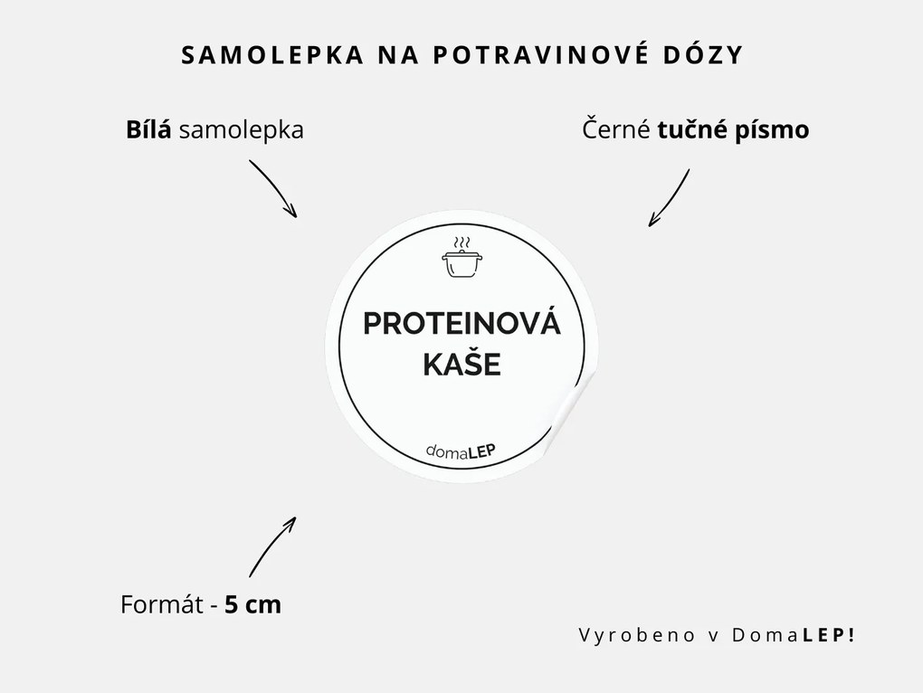 PROTEINOVÁ KAŠE - omyvatelná samolepka na dózu, výběr rozměrů Ø 5 cm / 5 x 5 cm / 6 x 8 cm | DomaLEP tvar: OBDÉLNÍK, barva: BÍLÁ - ČERNÉ písmo, velikost: š. 6 cm x v. 8 cm - tučné písmo