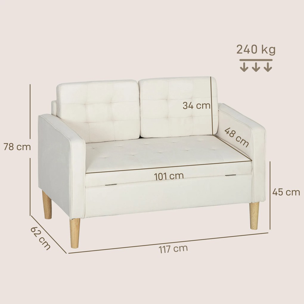 HOMCOM dvoumístná úložná pohovka, sametový vzhled, nohy z kaučukovníku, knoflíkové prošívání — 117 × 62 × 78 cm, krémová