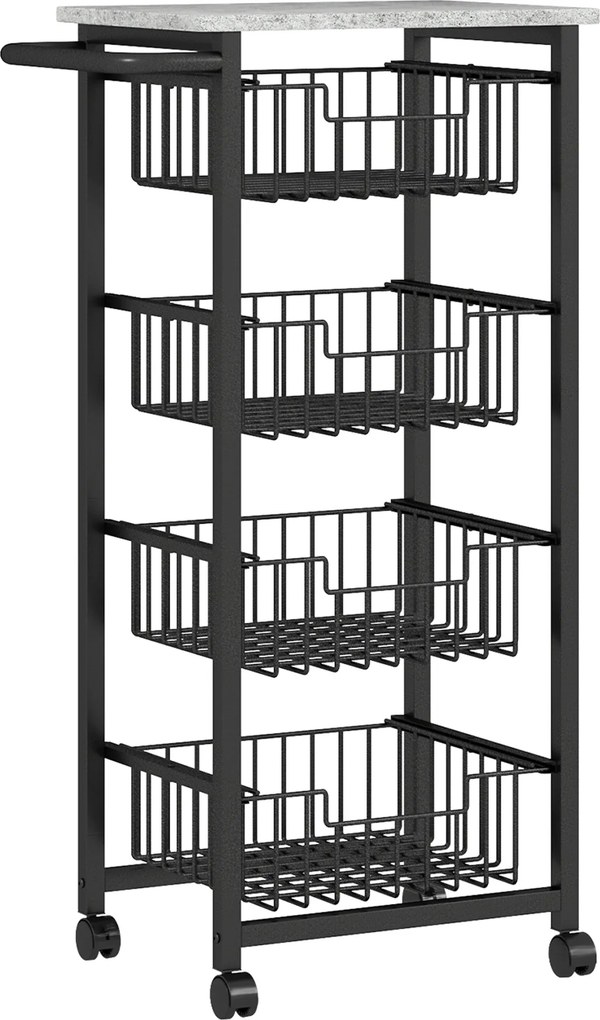 HOMCOM Kuchyňský Vozík Skladovací Stojan na Zeleninu s 4 Klouzavými Koši a Ocelovým Rámem Mobilní Vozík na Kolečkách pro Jídelnu 49,5x31x91 cm Světlá…