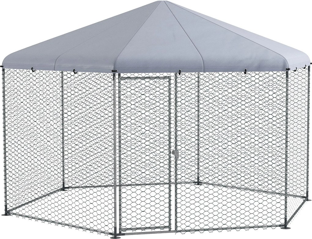 PawHut Voliérový kurník 400 x 346 x 263 cm z oceli, kurník s krytem, dveřmi a výběhem pro 10-15 kuřat, malé zvířata a rostliny | Aosom
