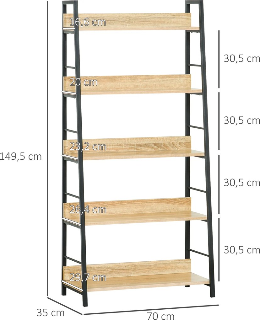 HOMCOM Knihovna 5-úrovňová s kovovým rámem, nosnost 25 kg, 70x35x149,5 cm