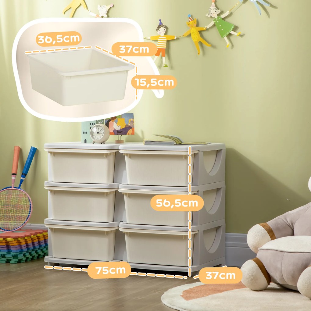 HOMCOM Plastový úložný box, 6 zásuvek, organizér na hračky, malá zásuvková skříňka pro děti, krémově bílá | Aosom