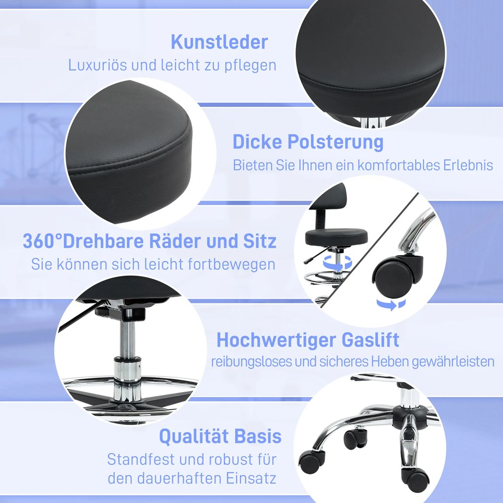 HOMCOM Ergonomická kancelářská židle s nastavitelným nožním kroužkem, bez područek, výškově nastavitelná otočná židle v černé PU kůži