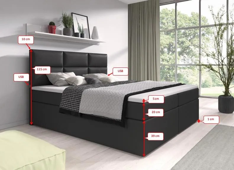 K&M postele Boxspring postel CAMELIA s úložným prostorem a USB Velikost postele: 120 × 200 cm, Výběr matrace: Oboustranná pružinová matrace - středně…