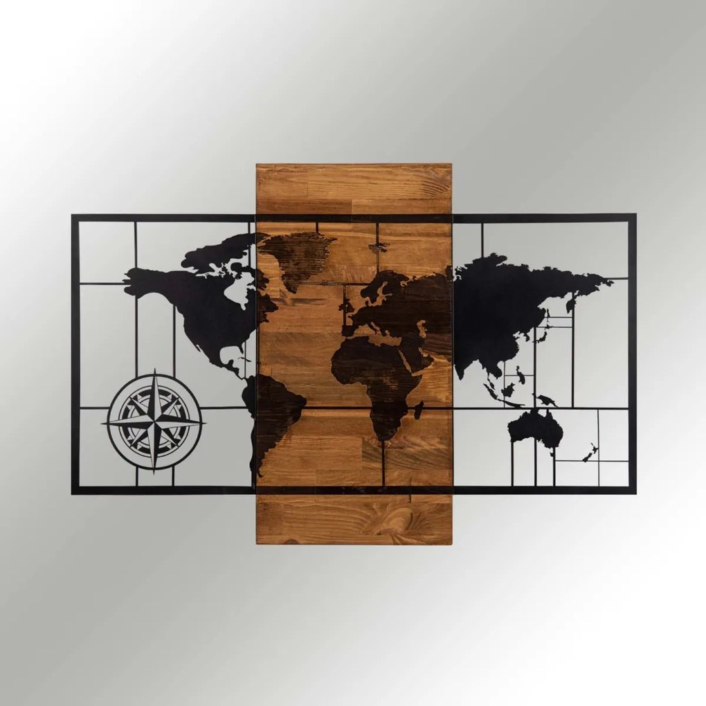 Nástěnná dřevěná dekorace WORLD MAP II hnědá/černá