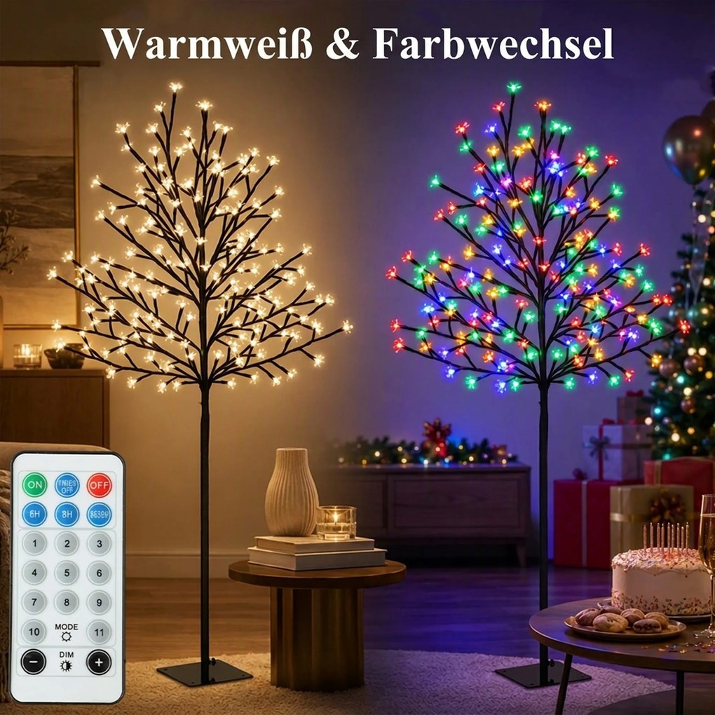 HOMCOM LED třešňový strom 150 cm s 160 LED diodami, umělý svítící stromek s 20 ohebnými větvemi, vánoční dekorace