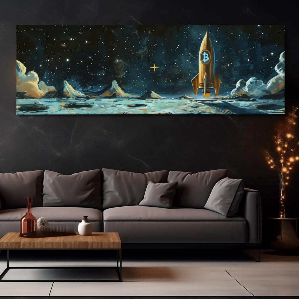 Obraz na plátně - Bitcoin rocket on the Moon FeelHappy.cz Velikost obrazu: 150 x 50 cm