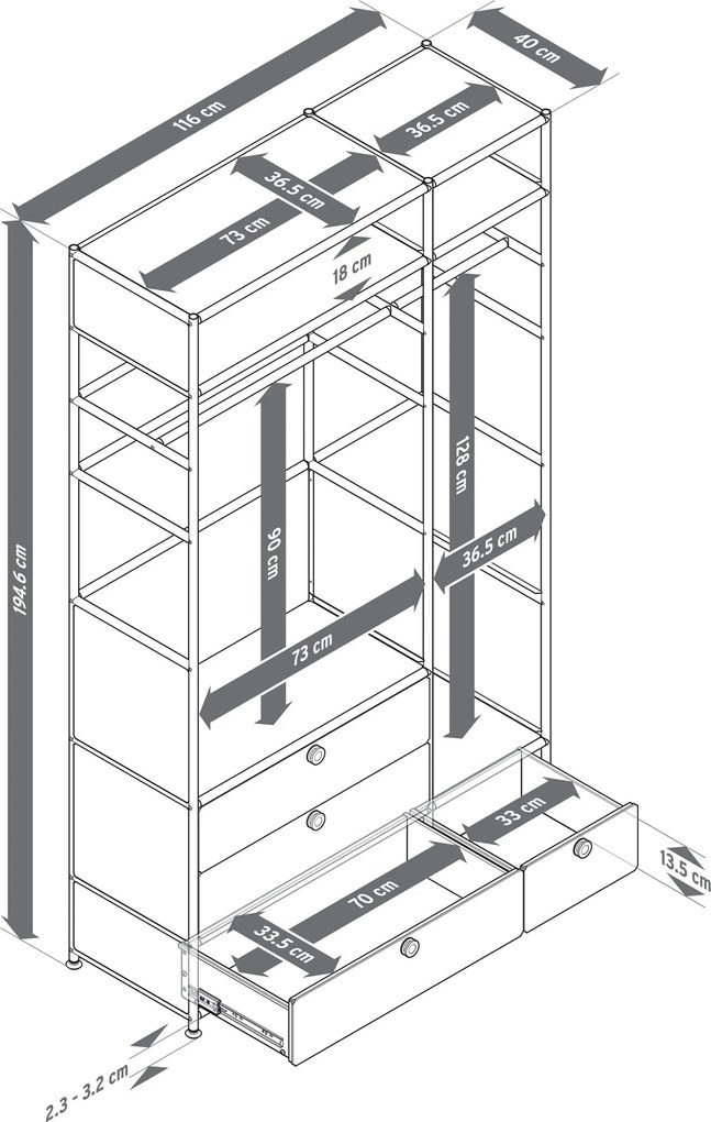 Tchibo - Kovová šatní skříň »Cn3« se 2 šatními tyčemi a 4 zásuvkami - barva: bílá