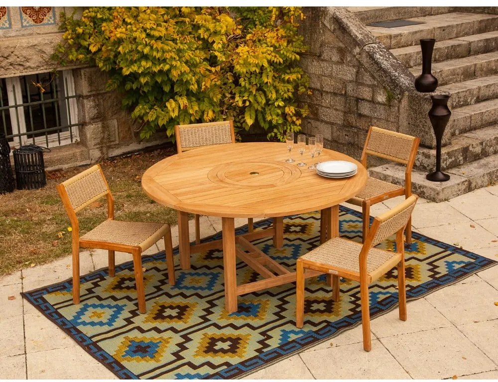 Set zahradního kulatého stolu a 4 stohovatelných židlí z teakového dřeva Ezeis