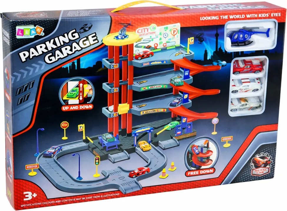 LEAN Toys Vícepodlažní parkoviště, 4 podlaží, s výtahem, vrtulník, autíčka, 70 dílů