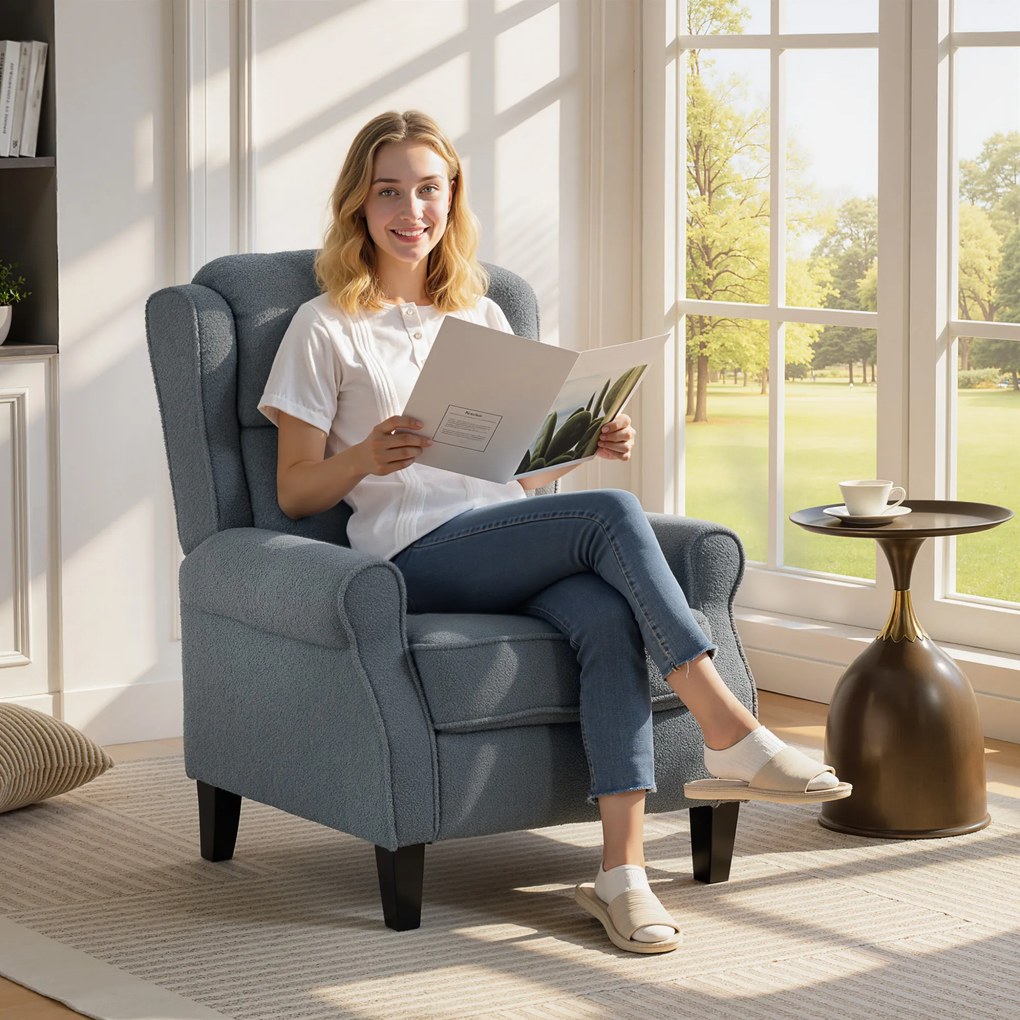 HOMCOM nastavitelná relaxační křeslo z teddym fleece, relaxační křeslo s vysouvací podnožkou, polstrované sedadlo, šedá 83B-604V00GY