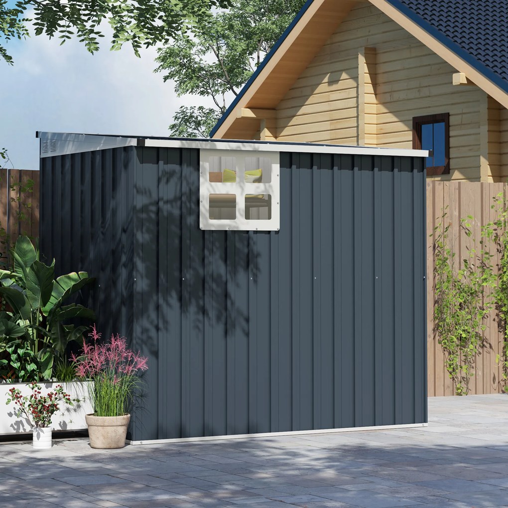 Metalový zahradní přístřešek Outsunny 2.6m² 128x193x181cm s pultovou střechou, oknem a zámkem, odolný proti počasí pro zahradní a venkovní použití Tm…