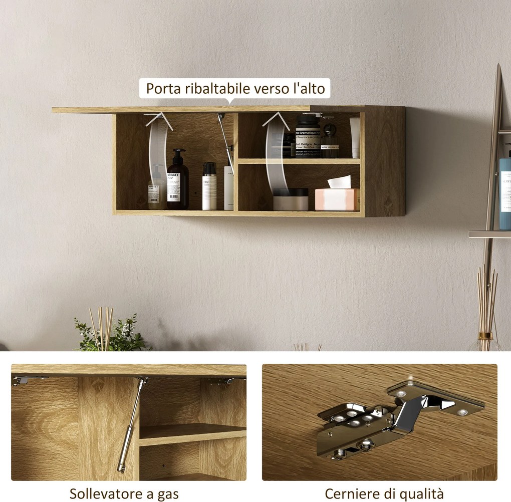 Nástěnná koupelnová skříň HOMCOM s výklopnými dveřmi, zavěšená koupelnová skříň s dřevěnými policemi, 80x25x30 cm, přírodní dřevo