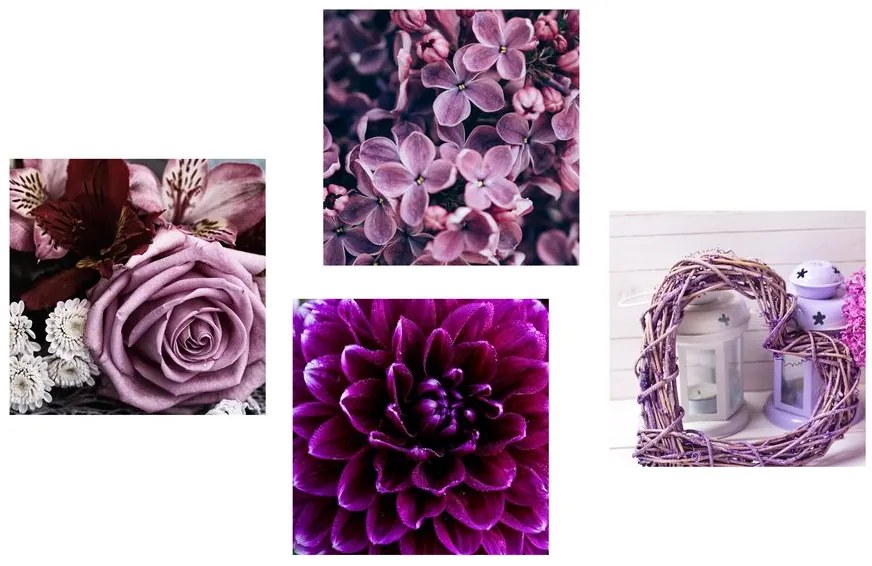 Set obrazů fialové květiny se srdíčkem