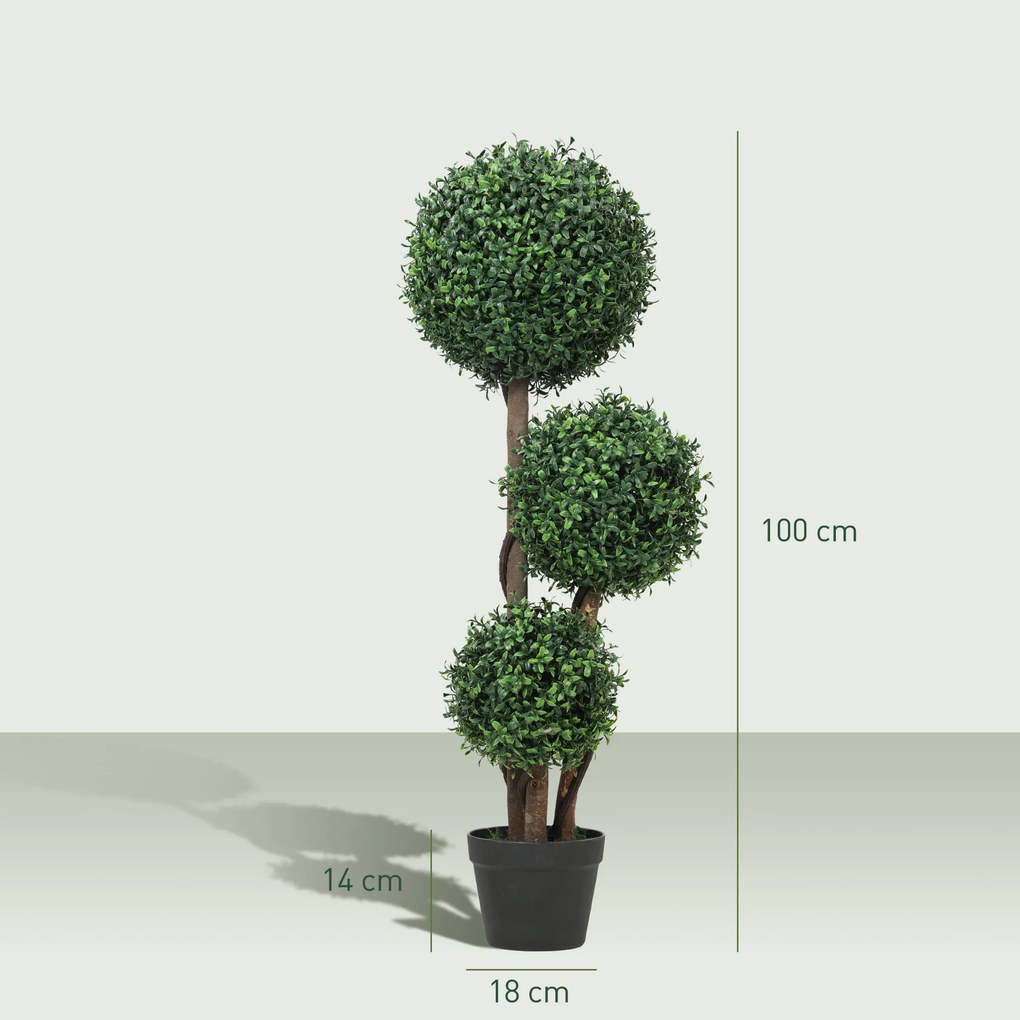 HOMCOM buxusový topiary 100 cm – velký strom se třemi koulemi, umělá rostlina s pravým dřevěným kmínkem v květináči, realistická dekorace do domu i v…