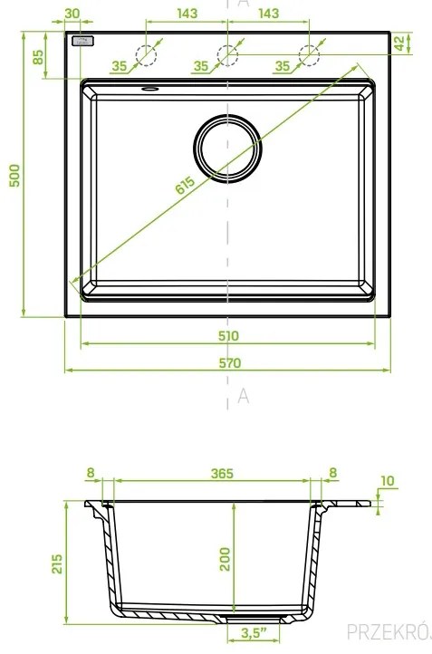 Laveo Tau, 1-komorový granitový dřez 570x500x215 mm, černá, LAV-SBT_710Y