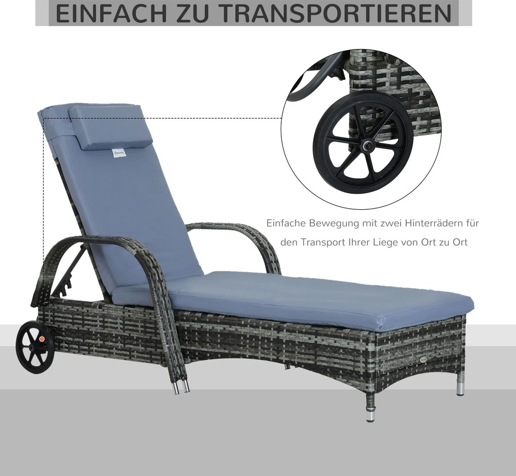 Zahradní nábytek Outsunny zahradní lehátko s poduškou, polyratan a kov, šedé, nastavitelné 200x73x30-103cm pro zahradu a terasu | Aosom.de