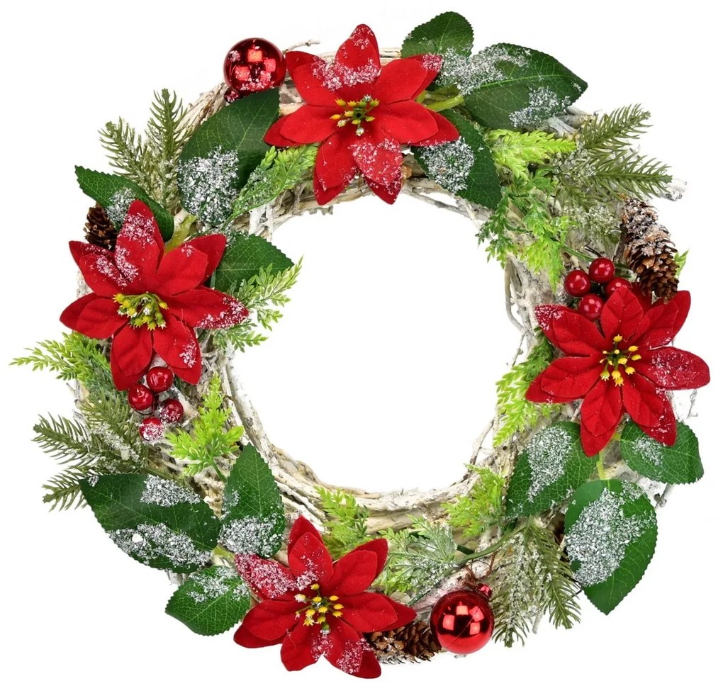 Vánoční zdobený věnec Poinsetie a proutí, 30 cm