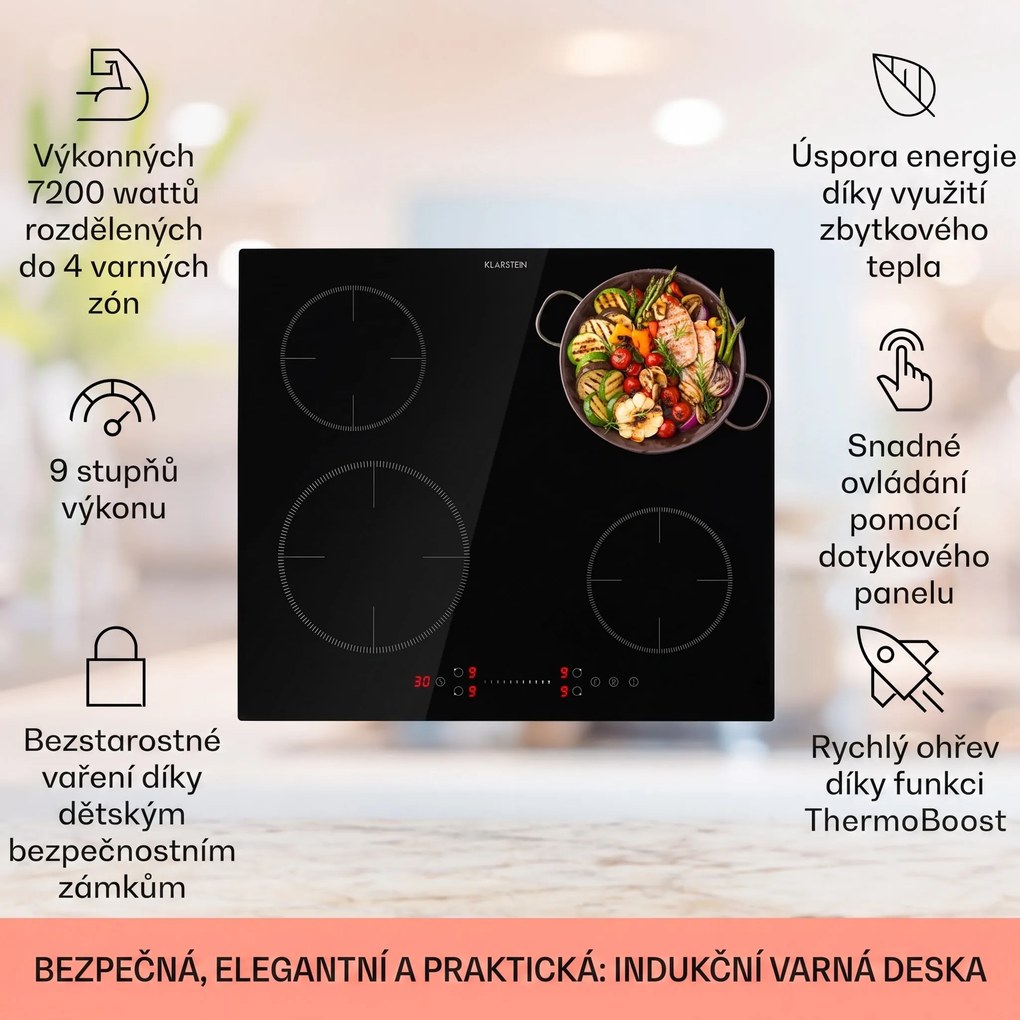 Klarstein Virtuoso EcoAdapt, indukční varná deska, 7200 W, 4 zóny, sklo, černá