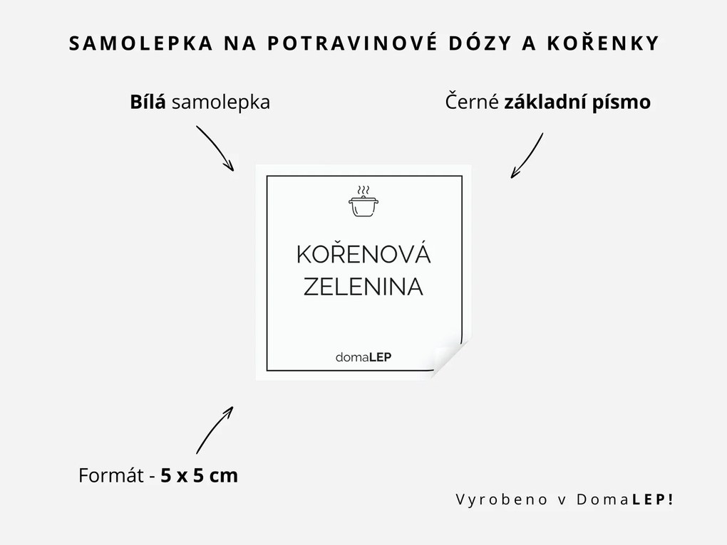 KOŘENOVÁ ZELENINA - omyvatelná samolepka na kořenky, výběr rozměrů Ø 5 cm / 5 x 5 cm / 6 x 8 cm | DomaLEP tvar: KOLEČKO, barva: BÍLÁ - ČERNÉ písmo, velikost: Ø 5 cm - tučné písmo