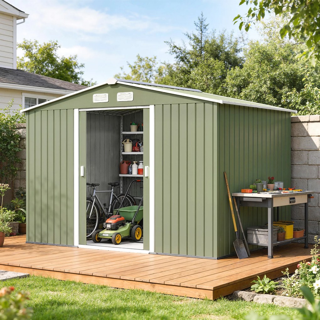 Outsunny kůlna na nářadí kovová kůlna s podezdívkou světle zelená 277 x 195 x 192 cm | Aosom