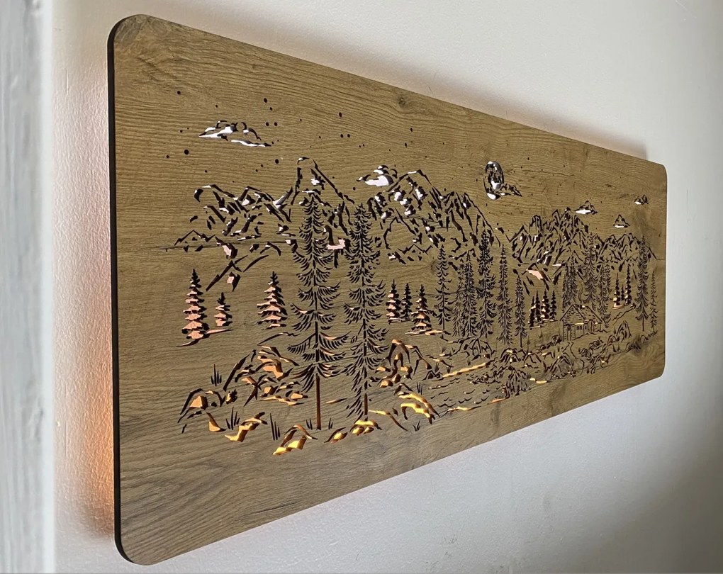 Li-Go "Chata v horách" světelný obraz 230V 120x40cm provedení povrchu: dub světlý