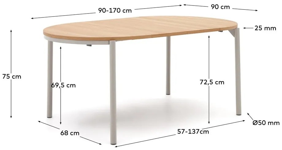 Kulatý rozkládací jídelní stůl s deskou v dubovém dekoru v přírodní barvě ø 90 cm Montuiri – Kave Home