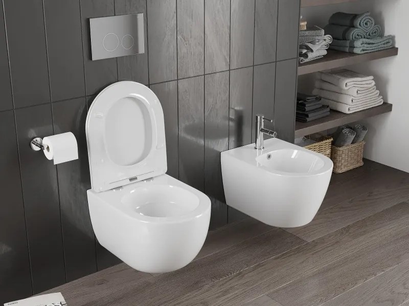 Mexen Carmen, závěsná WC mísa 490x365x340 mm, Rimless Tornádo + WC sedátko z duroplastu, bílá lesklá, 30880400T