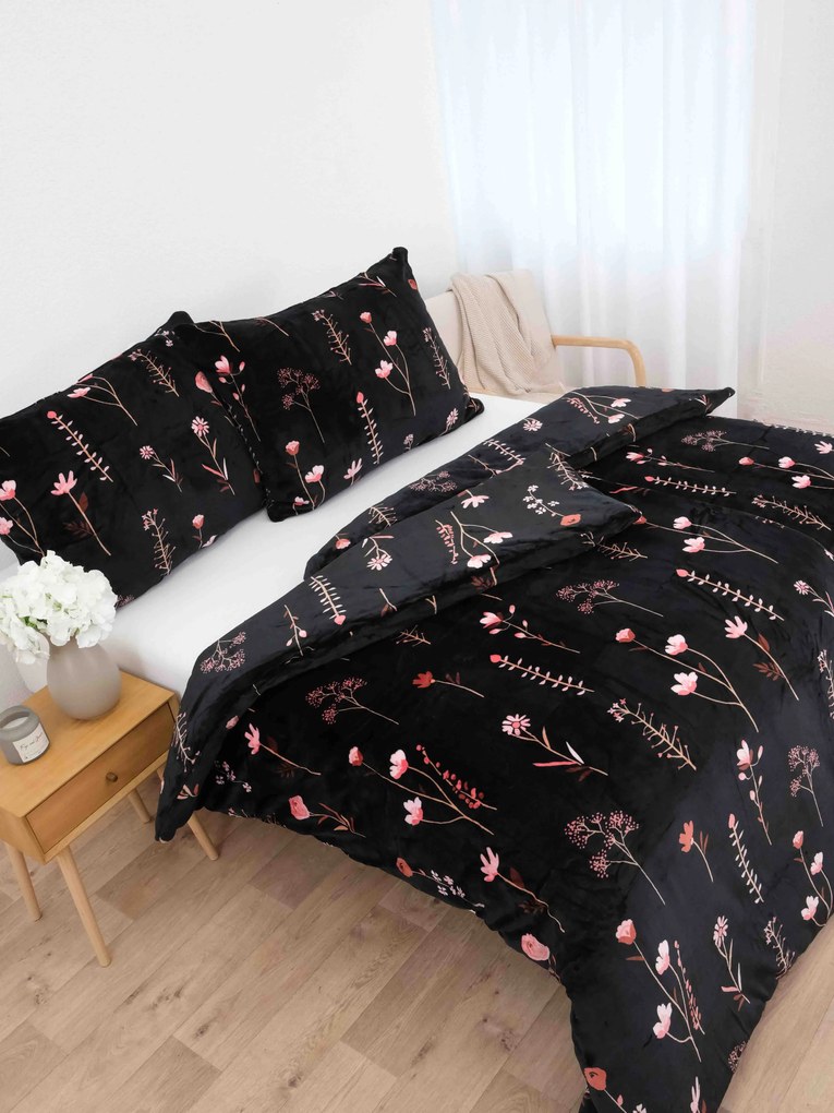 MK Lůžkoviny Prodloužené mikroplyšové povlečení Exclusive - Vlčí máky černé 140 × 220 cm, 70 x 90 cm
