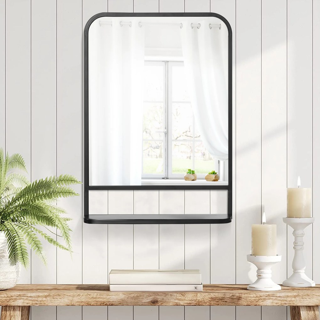 HOMCOM Nástěnné zrcadlo s policí 70x50cm moderní elegantní obdélníkové černé do obývacího pokoje a předsíně