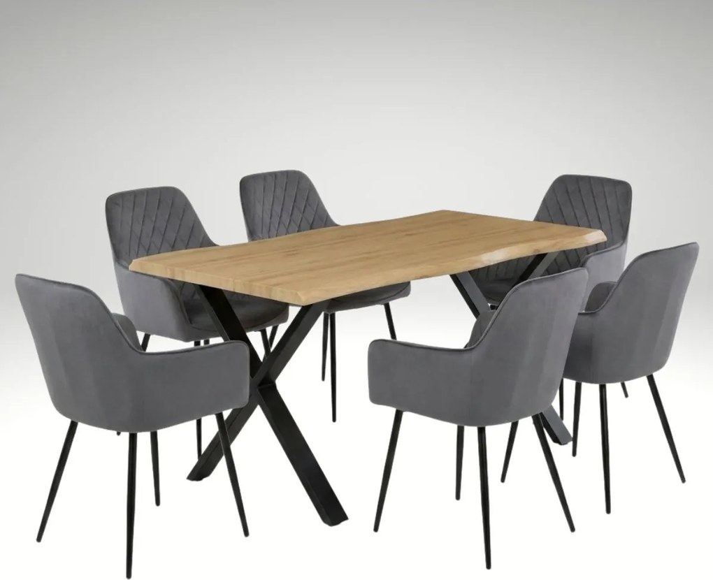 Vikio Jídelní set pro 6 osob 160x90 cm soft dub noha X šedá židle s područkami VJS226-6S