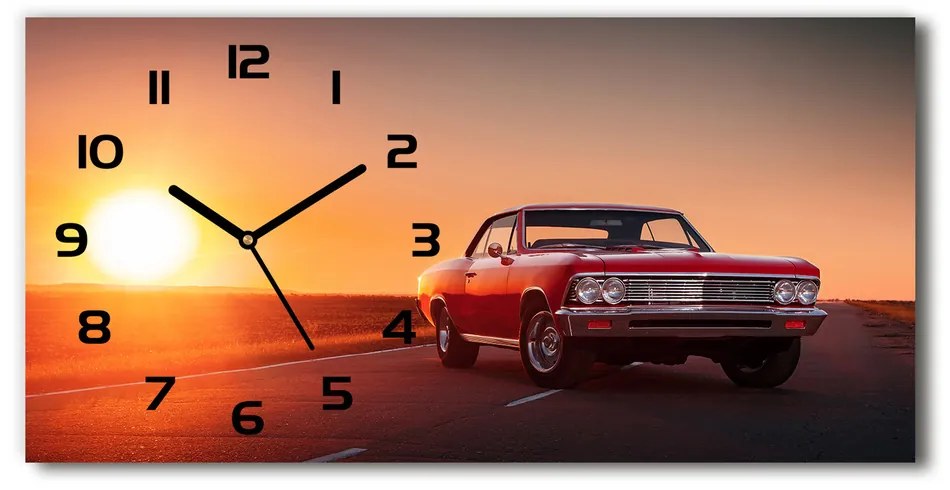 Wallmuralia Skleněné hodiny na stěnu Červené auto 60x30 cm
