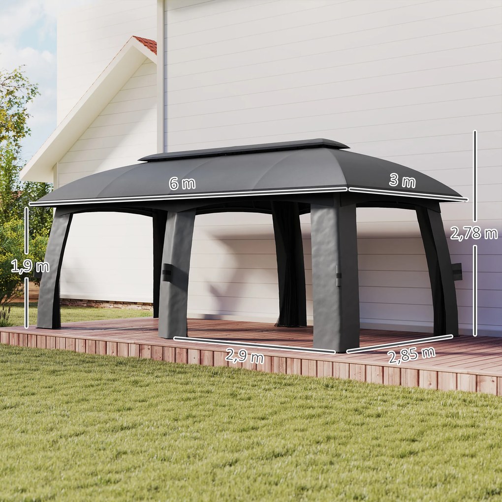 Zahradní altán Outsunny 3 x 6 m s dvojitou střechou a bočními stěnami, síť proti hmyzu pro 15 osob, pozinkovaný kov, tmavě šedý |