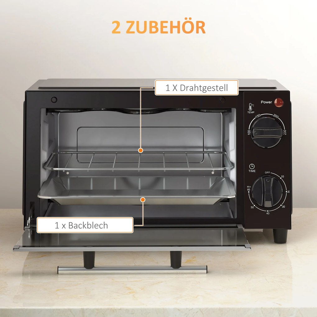 HOMCOM Mini trouba 9L Mini trouba s pečicím plechem, grilovací rošt, 100 °C-230 °C, s nastavitelnou teplotou a dobou pečení, časovač na 60 min, 750 W…