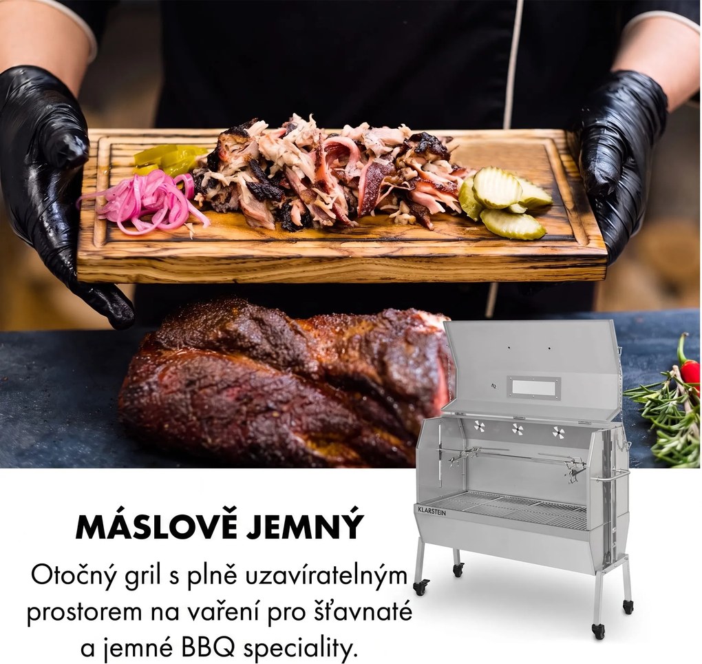 Klarstein Sauenland Pro XL, gril na sele, otočný špíz, 13 W, 4 kolečka, nerezová ocel