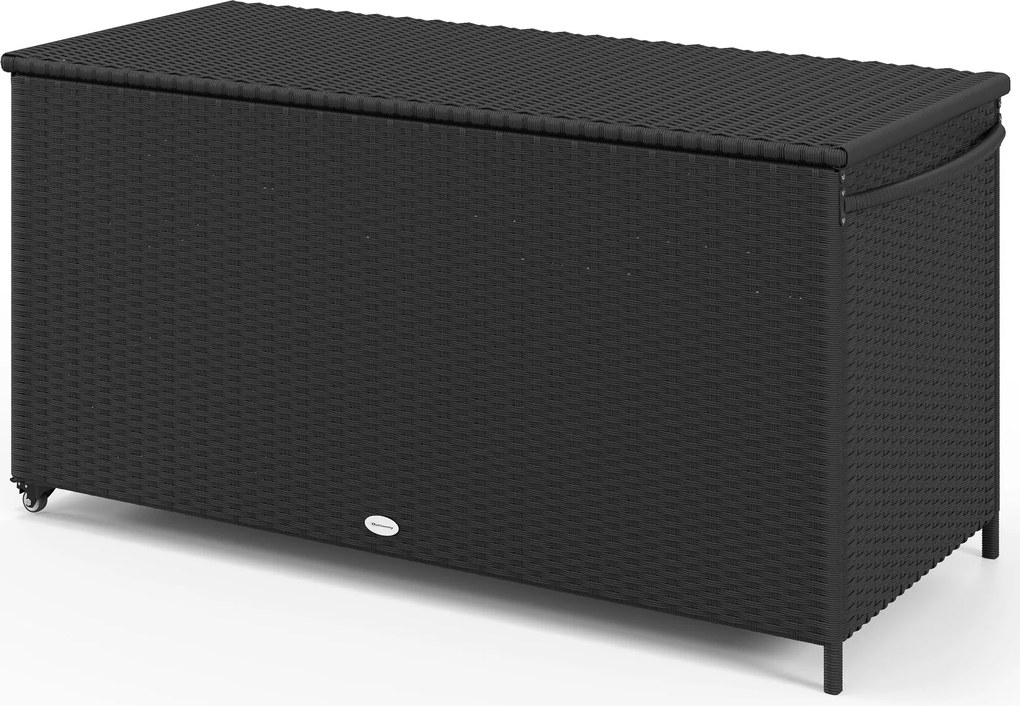 Úložná skříňka Outsunny z PE ratanu, venkovní úložná lavice s kolečky, pneumatickým pístem a bočním madlem, 121x57x67cm, černá | Aosom